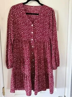 None | Dresses | Bohemianstyle Burgundy Red Floral Buttonfront Tiered ...